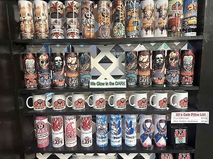 Collectible cups and mugs line the shelves, adding personality and charm to every corner of this place.