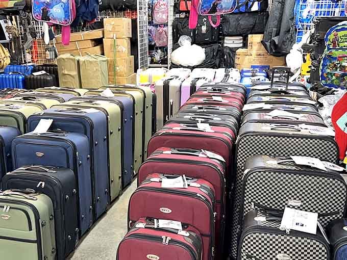 Luggage lined up like soldiers awaiting deployment, ready to accompany your next adventure at fraction of retail.