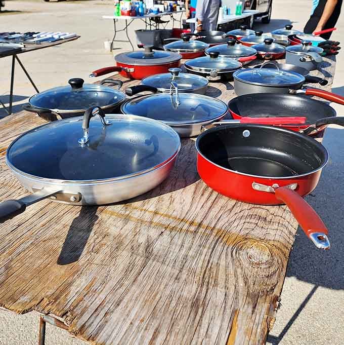 Non-stick pans gleam in the sunlight like culinary shields ready to battle your next breakfast adventure.