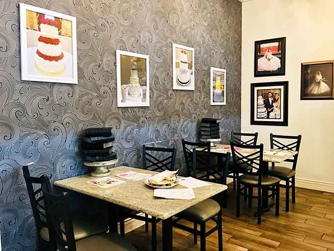 The elegant wallpaper and cozy seating prove that donut shops can have style and substance simultaneously.
