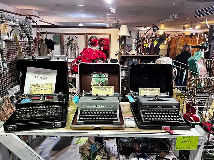 Vintage typewriters lined up like they're auditioning for a noir film, each one with its own character.