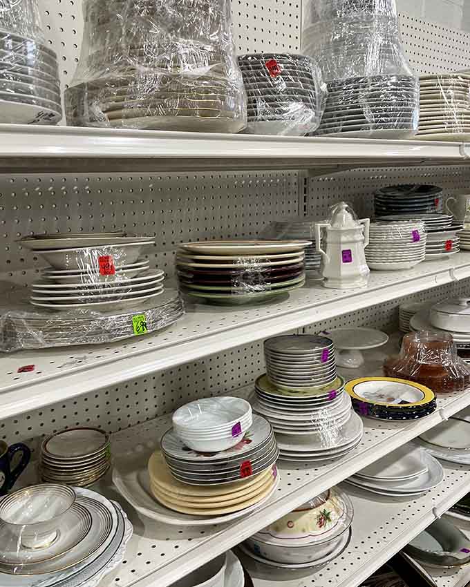 Stacks of plates and bowls wait to host your next dinner party without breaking your budget.