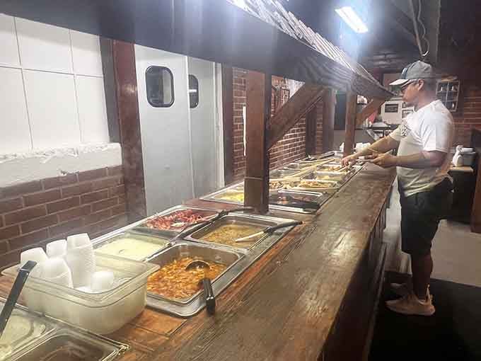 Behind the scenes, the buffet line stays stocked with steam trays full of fresh seafood, ensuring nobody leaves hungry tonight.