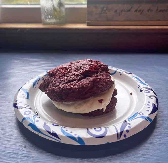 Red velvet whoopie pie with cream filling is basically childhood nostalgia you can eat without any regrets.