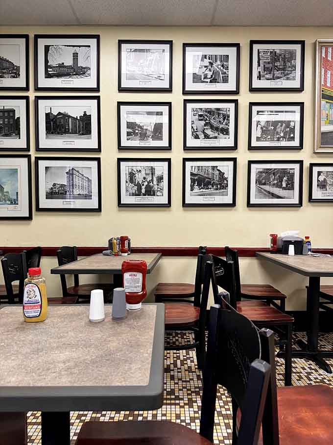 Ketchup and mustard stand ready at every table because condiments are serious business in this establishment.