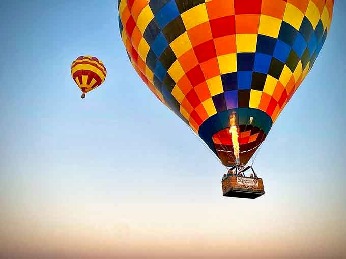 Hot air balloons occasionally drift over Aurora, giving antique shoppers below a momentary reason to look up from browsing.