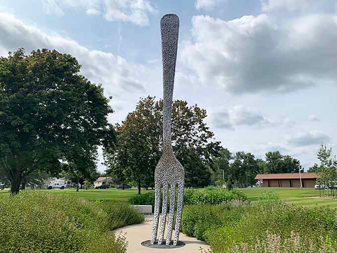 This towering fork sculpture celebrates the town's quirky claim to fame with unapologetic Midwestern pride and humor.