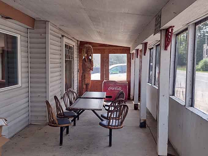Covered porch seating lets you enjoy your meal while watching the world slowly pass by outside.