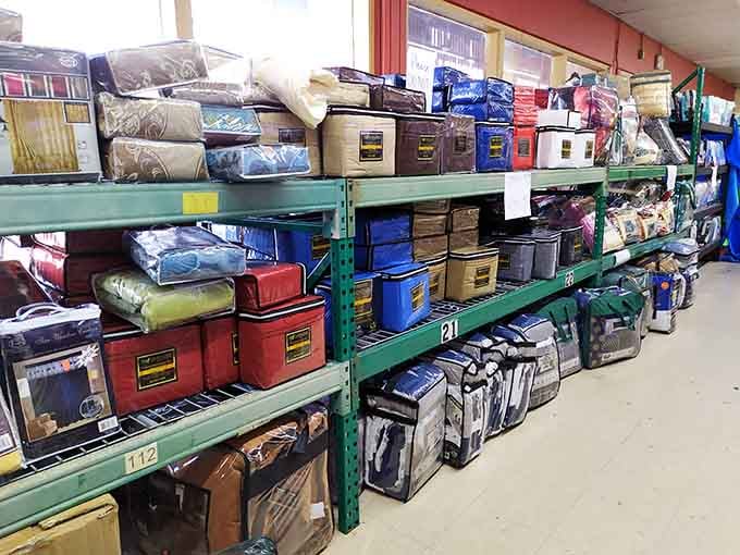 Bedding sets stacked high like soft, cozy clouds promising sweet dreams at prices that won't cause nightmares for budgets.