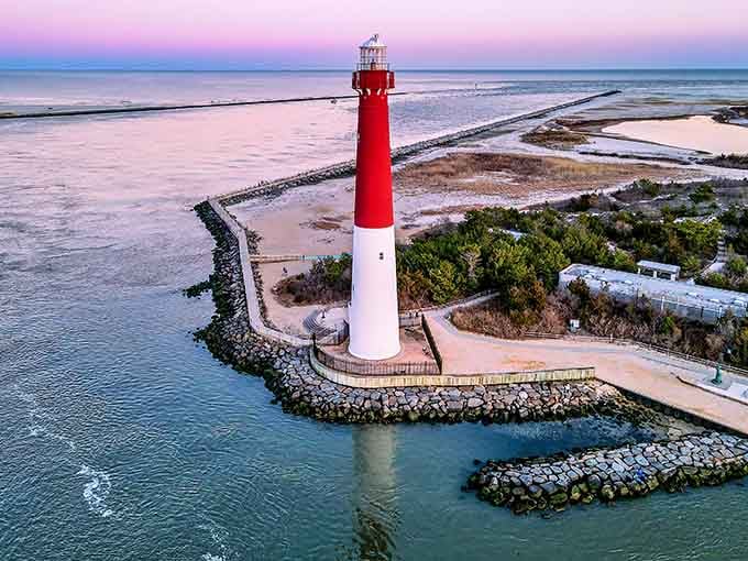 From above, the lighthouse looks like someone dropped a giant pencil into the perfect watercolor painting.