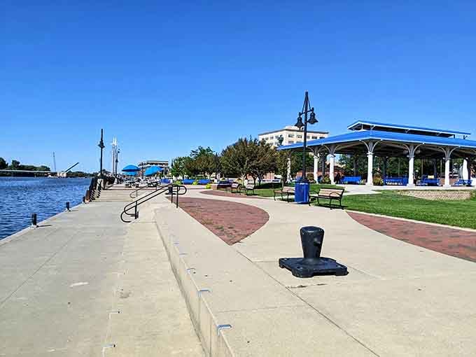 The Riverwalk's benches provide front-row seats to Bay City's waterfront views and passing boat parade.