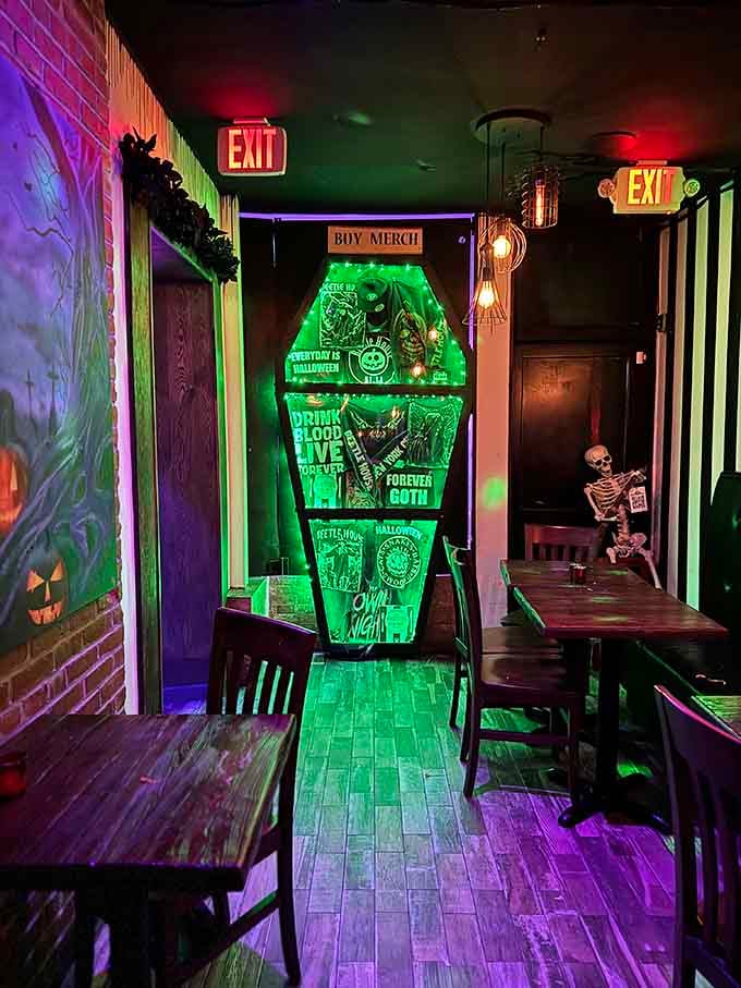 Even the merchandise gets displayed in a coffin, because why do anything halfway when extra works?