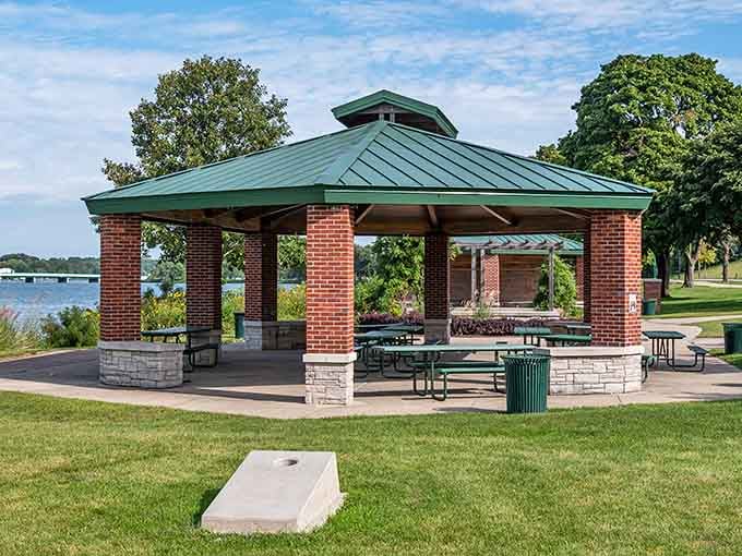 Riverside Park's pavilion offers shaded gathering spots where community happens naturally, no forced activities required here.