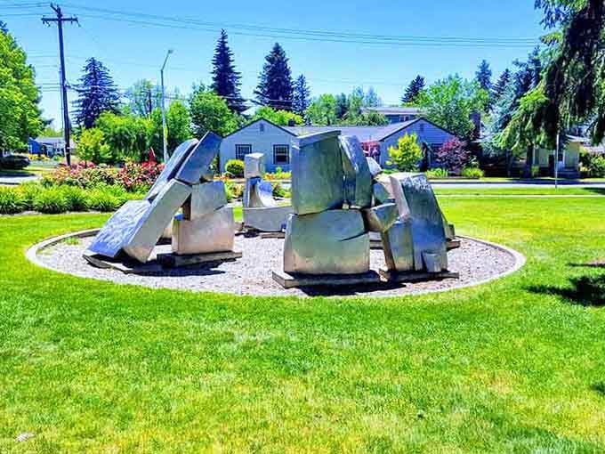 Public art at a roundabout, because Bend believes even traffic circles deserve to be conversation starters and Instagram opportunities.