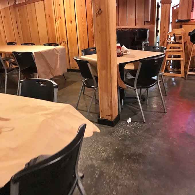 Simple tables and chairs where the focus stays exactly where it should be: on your plate.