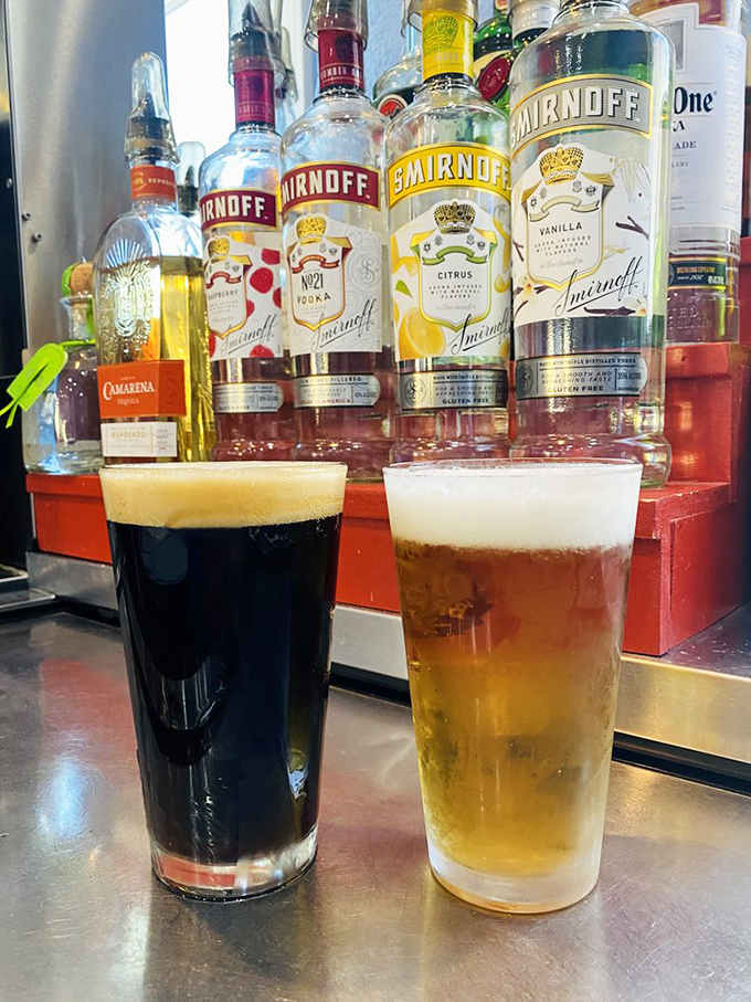 Cold beer waiting patiently at the bar, ready to wash down whatever magnificent food decision you're about to make.