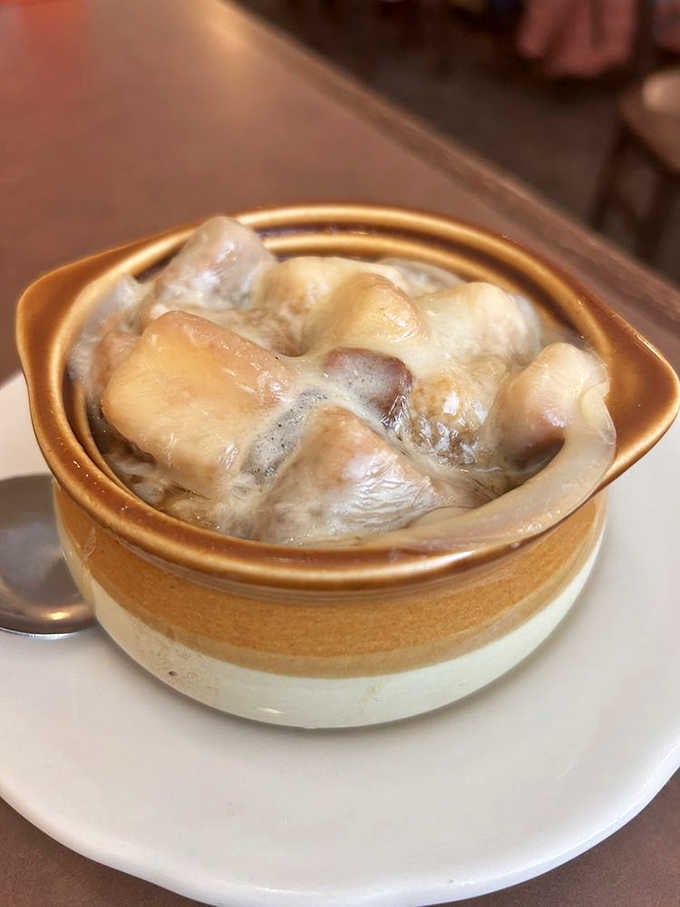 French onion soup with that gorgeous cheese pull happening is comfort in a crock, especially on a chilly Pennsylvania afternoon.