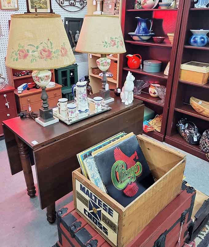 Floral lampshades and vintage records sit together, ready to transport your living room straight to 1975.