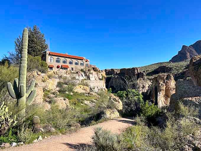 Spanish Colonial Revival architecture perched dramatically on the hillside, making regular buildings look positively boring by comparison.