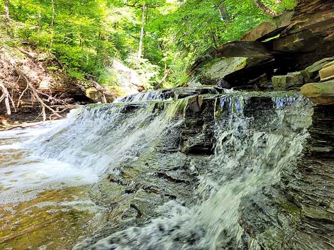 Smaller cascades along the creek offer preview performances before the main event steals the show completely.