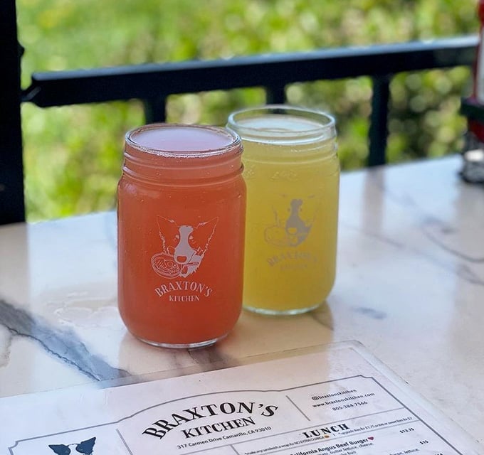 Guava and pineapple mimosas in mason jars bring tropical vacation vibes to your table.