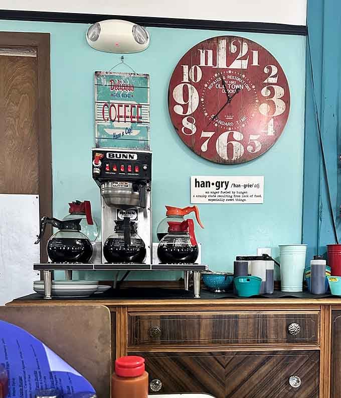 That vintage clock and "hangry" definition sign perfectly capture the diner's playful spirit and honest approach to breakfast.