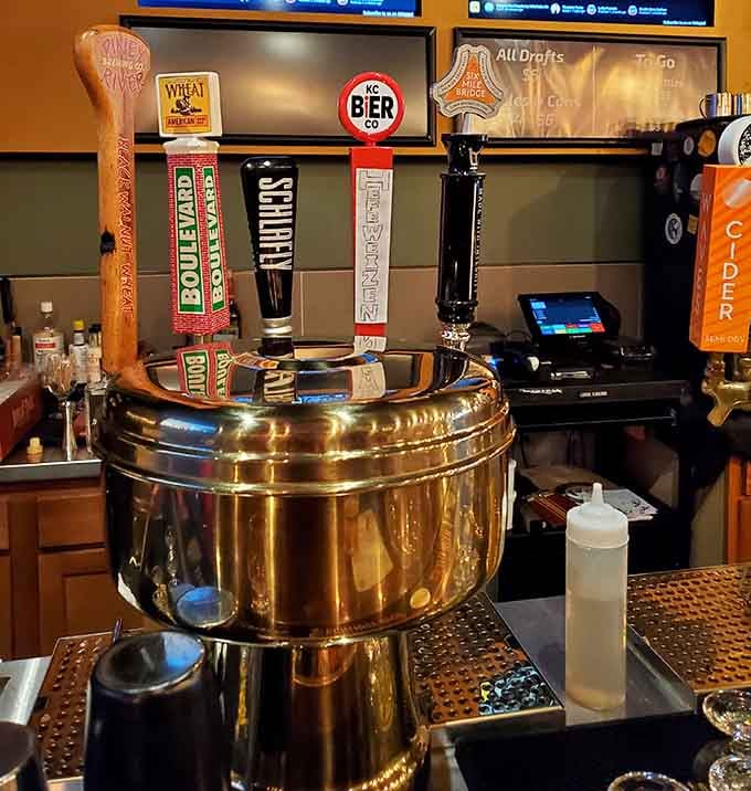 Gleaming tap handles standing at attention, ready to pour fresh craft beer all day long.