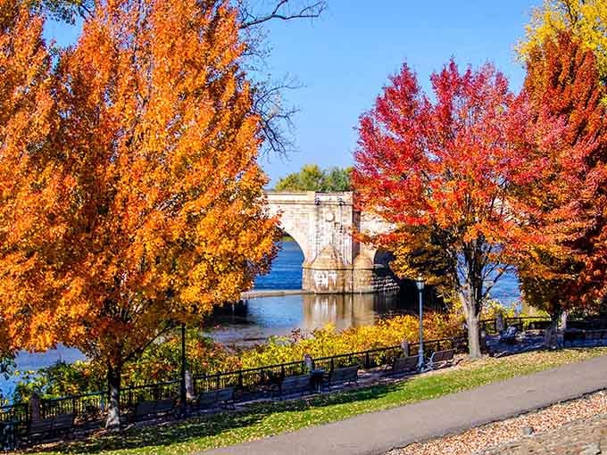 Autumn transforms the bridge into a New England calendar photo waiting to happen, no filter needed.
