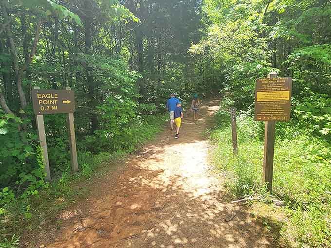 Eagle Point Trail beckons hikers into the forest, where the only traffic jam involves squirrels and the occasional deer.