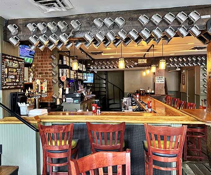 A well-stocked bar with creative lighting tells you this place takes its beverages as seriously as its food.