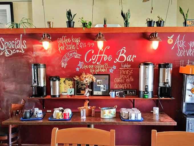 The self-serve coffee bar means you're always just steps away from your next caffeine refill fix.