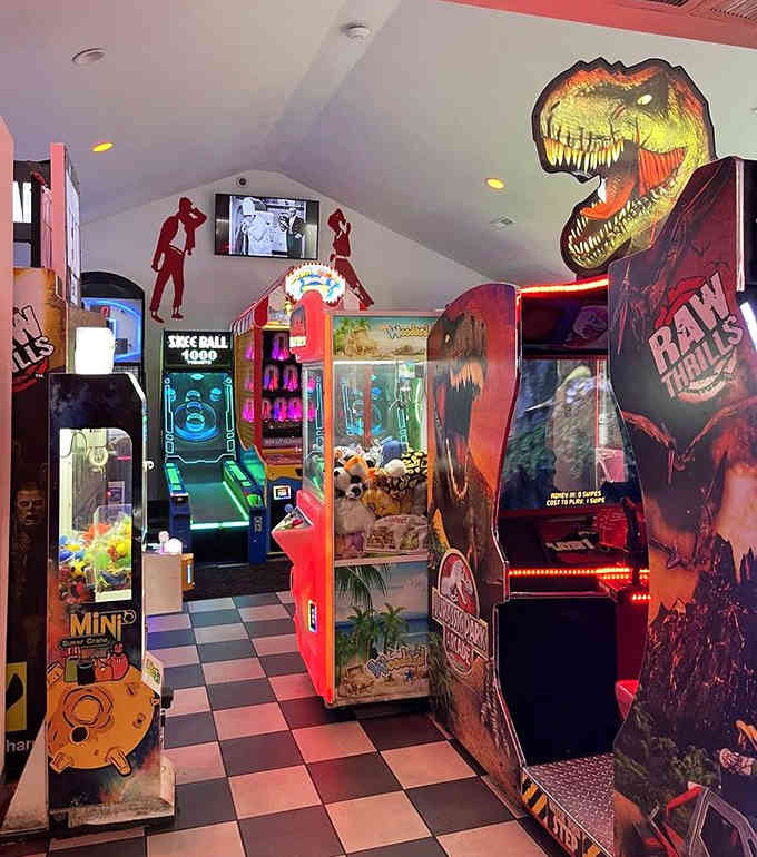 Dinosaurs and arcade games coexist peacefully here, because why should kids have to choose between eras of fun?