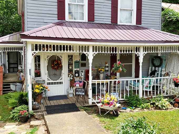 Flower baskets and vintage charm create a welcoming entrance that says "come in, stay awhile, we've got stories."