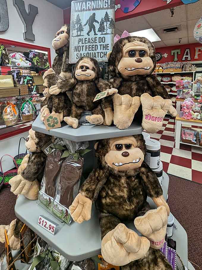 Sasquatch plushies reminding you that even cryptids need candy, and also that you're definitely in the Pacific Northwest.