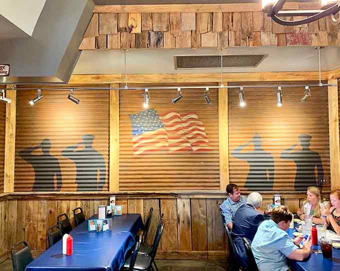 Simple wall art celebrating American heritage adds character without overwhelming the space or distracting from the main attraction: food.