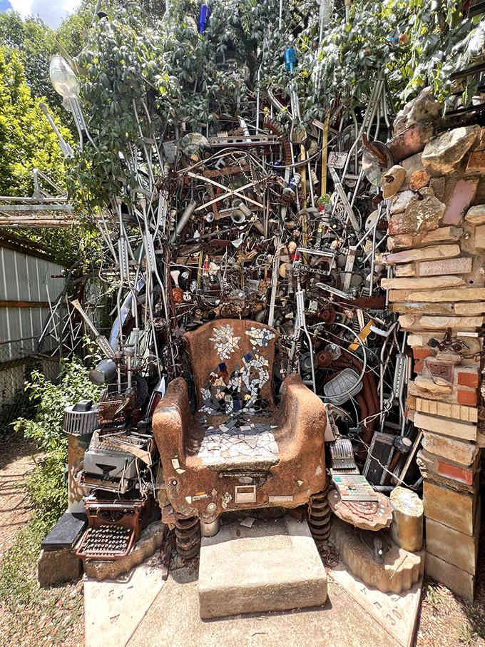 An old armchair becomes a throne in this kingdom of castoffs, decorated with typewriters and pure whimsy.
