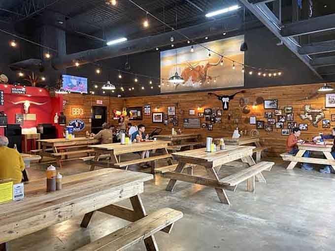 Plenty of picnic table seating ensures everyone gets a spot to enjoy their smoky feast in comfort.