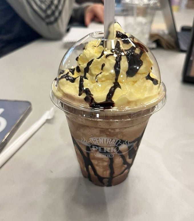 This banana mocha blend topped with whipped cream and chocolate drizzle is basically dessert disguised as a beverage.