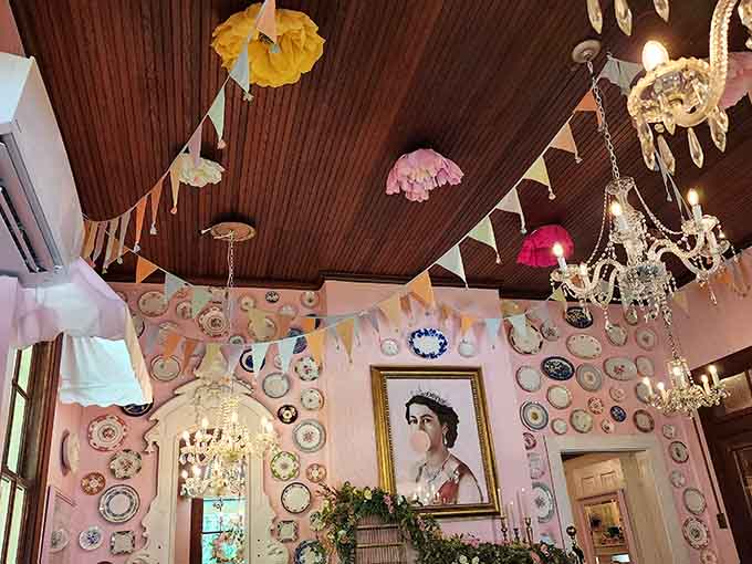 Looking up reveals a ceiling party of bunting, chandeliers, and plates that somehow all work together in perfect harmony.