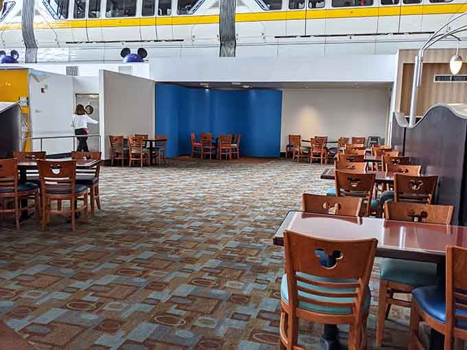 The spacious dining area with monorail views overhead creates an atmosphere that's uniquely Disney and wonderfully welcoming.
