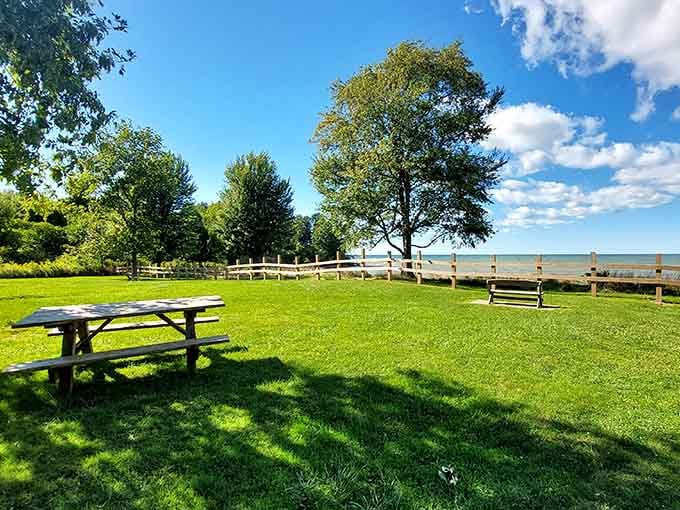 Picnic tables overlook the lake, providing front-row seats to one of nature's most underrated shows in upstate New York.