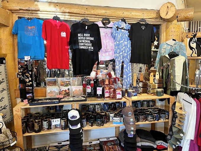 A gift shop stocked with mugs and shirts so you can take home proof of your omelet adventure.
