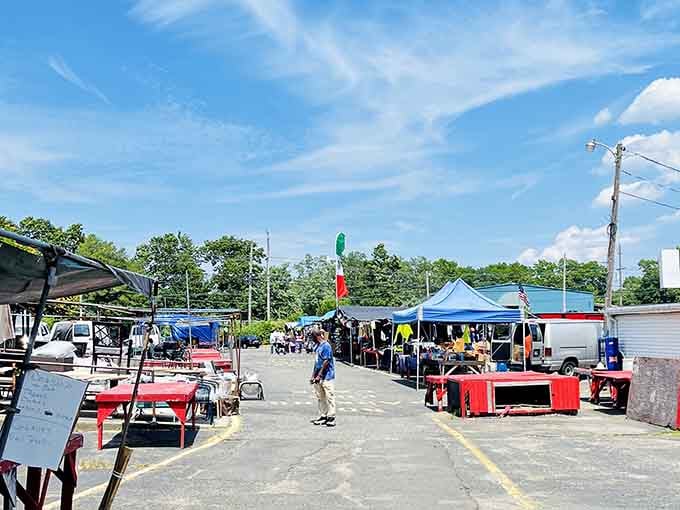Blue skies and red tables create the perfect backdrop for serious bargain hunting adventures.