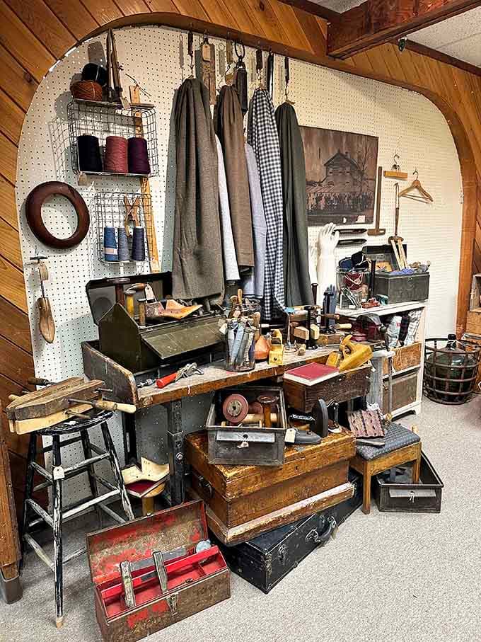 Old toolboxes and tailoring supplies remind us when people actually fixed things instead of replacing them.