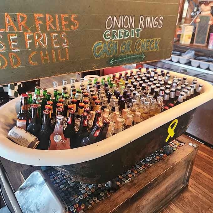A bathtub full of cold beverages on ice is the kind of practical genius that makes perfect sense here.
