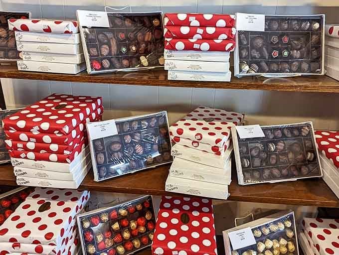 Stacks of polka-dotted gift boxes that scream "I'm a thoughtful person who gives excellent presents" without saying a word.