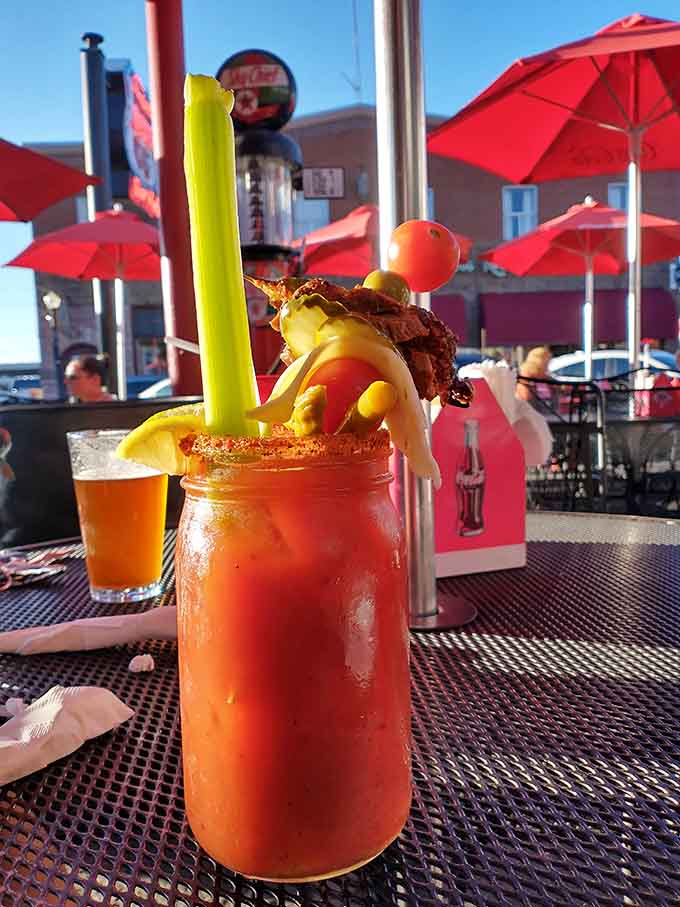 That Bloody Mary comes dressed for a party with more garnishes than some people's entire lunch order.