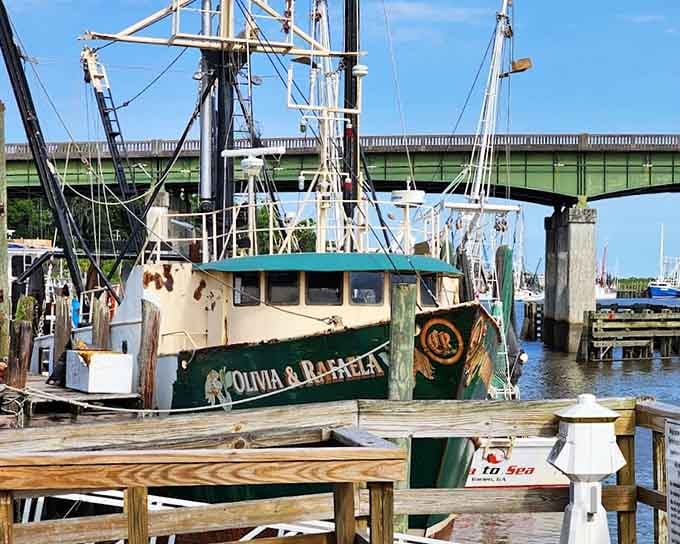 Working shrimp boats tied up at dock represent the real deal, not some sanitized tourist attraction version.