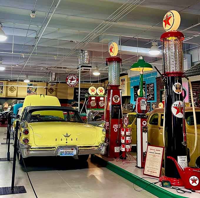 Vintage gas pumps stand like colorful sentries, guarding memories of roadside Americana's golden era beautifully.