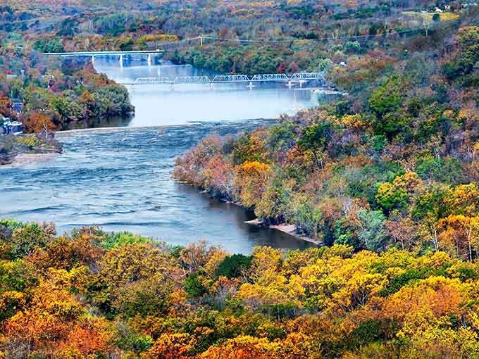 Aerial views reveal the river snaking through fall foliage like a silver ribbon through a gift nobody wants to unwrap.